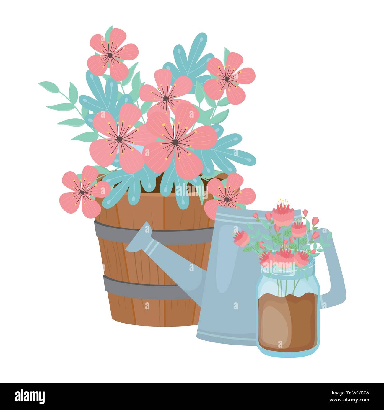 Flowers and leaves inside pots design, floral nature plant ornament ...