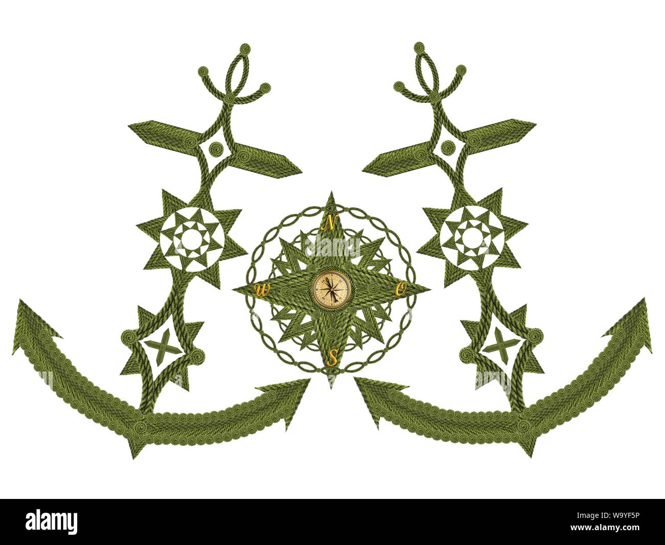 Compass anchor steering wheel globe wind rose made of ropes Stock Photo ...