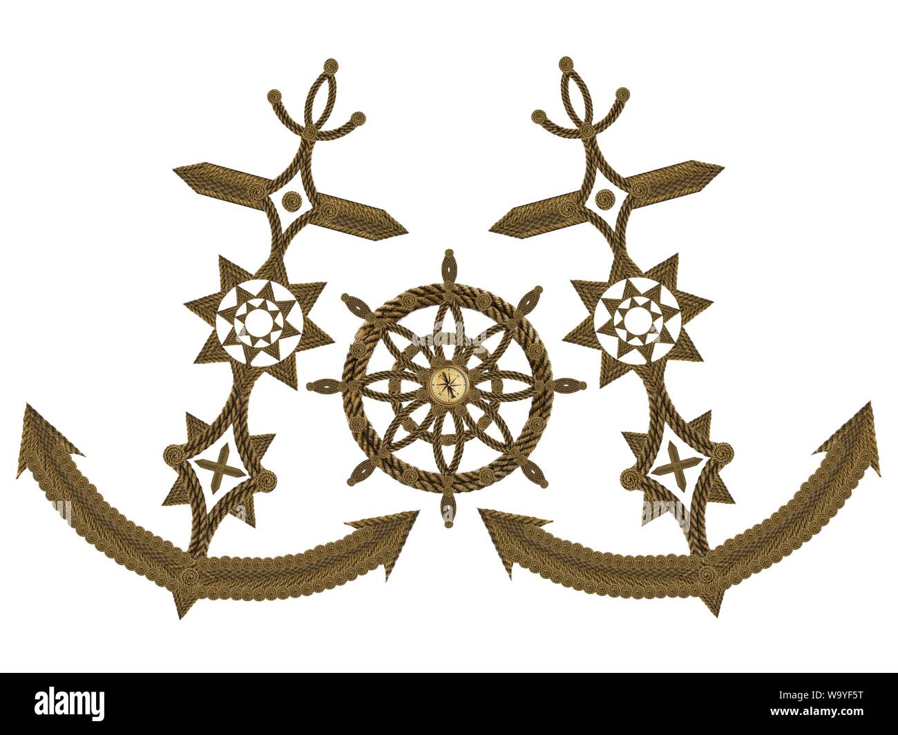 Compass anchor steering wheel globe wind rose made of ropes Stock Photo ...