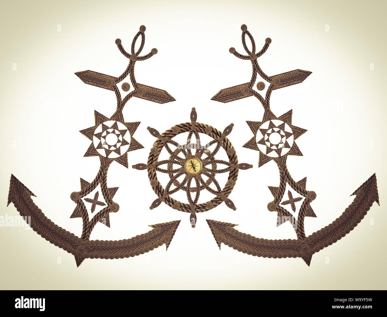 Compass anchor steering wheel globe wind rose made of ropes Stock Photo ...