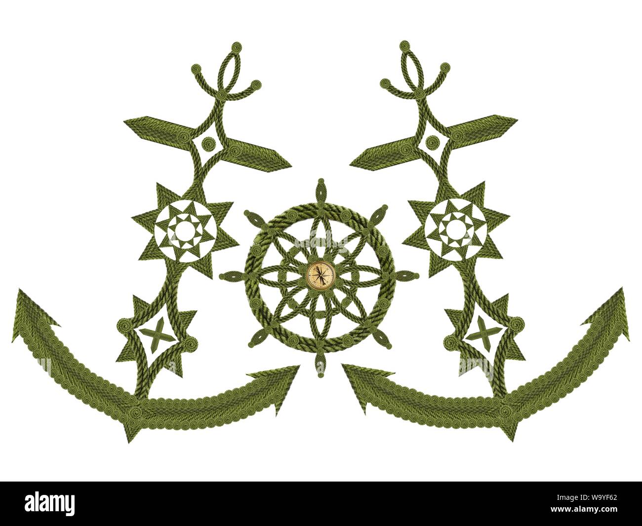 Compass anchor steering wheel globe wind rose made of ropes Stock Photo ...