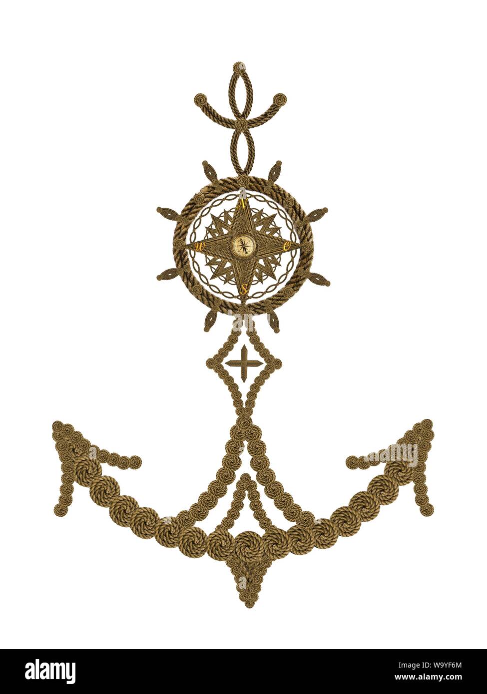 Compass anchor steering wheel globe wind rose made of ropes Stock Photo ...