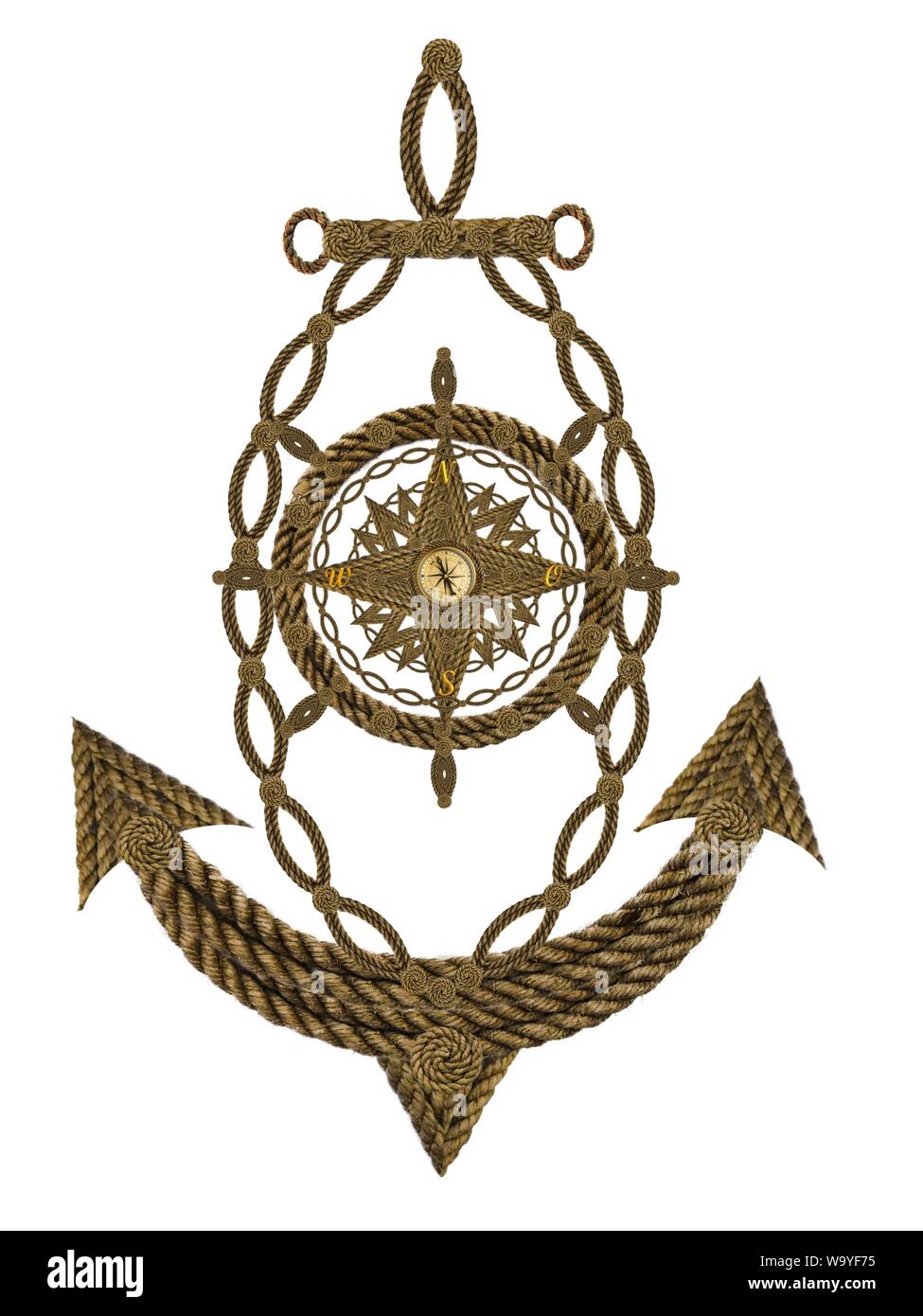 Compass anchor steering wheel globe wind rose made of ropes Stock Photo ...