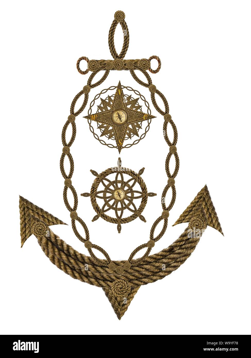 Compass anchor steering wheel globe wind rose made of ropes Stock Photo ...