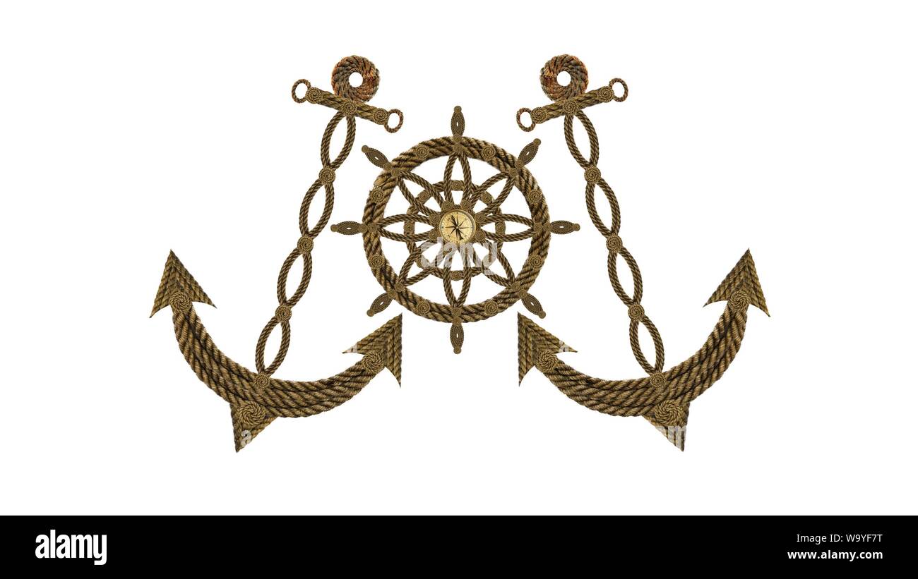 Compass anchor steering wheel globe wind rose made of ropes Stock Photo ...