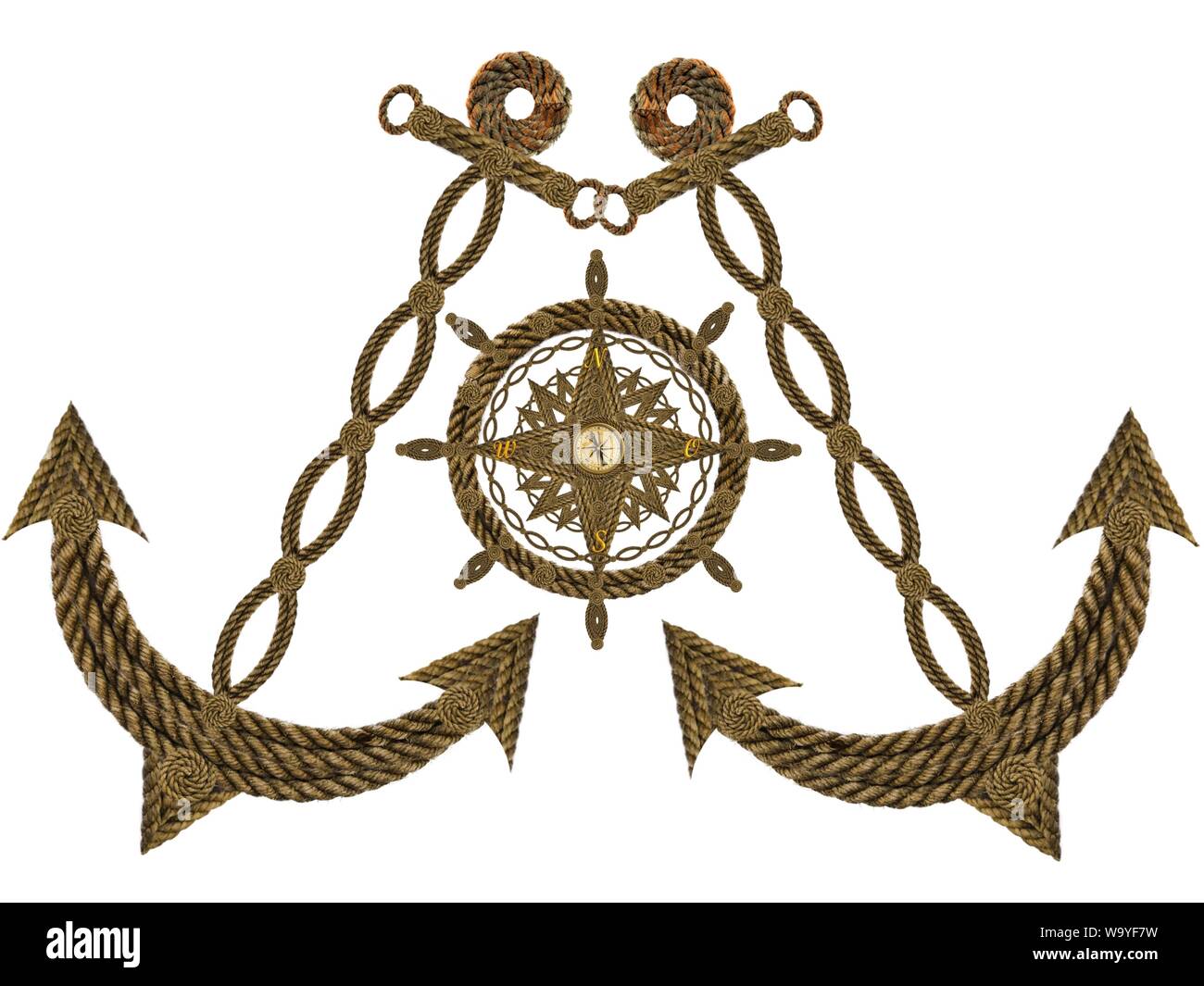 Compass anchor steering wheel globe wind rose made of ropes Stock Photo ...