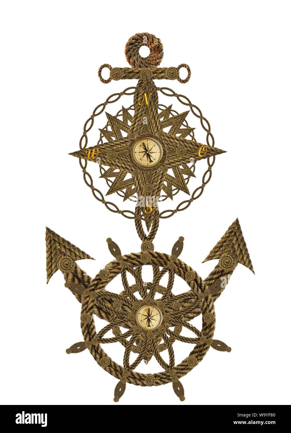 Compass anchor steering wheel globe wind rose made of ropes Stock Photo ...