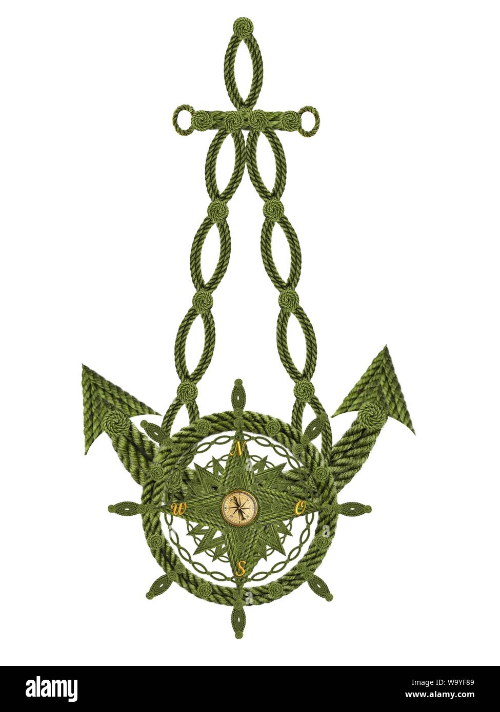 Compass anchor steering wheel globe wind rose made of ropes Stock Photo ...