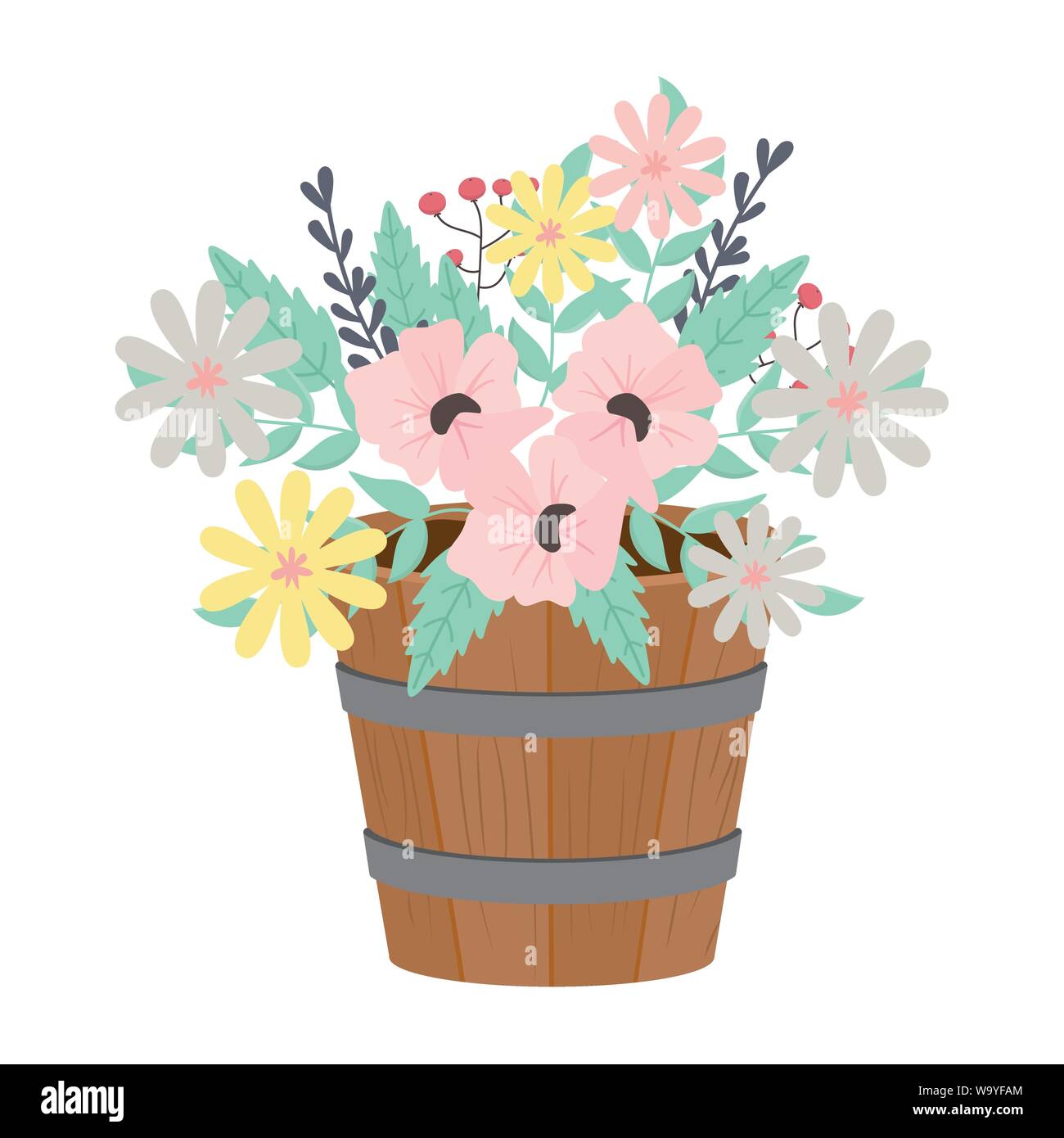 Flowers and leaves inside barrel design, floral nature plant ornament ...