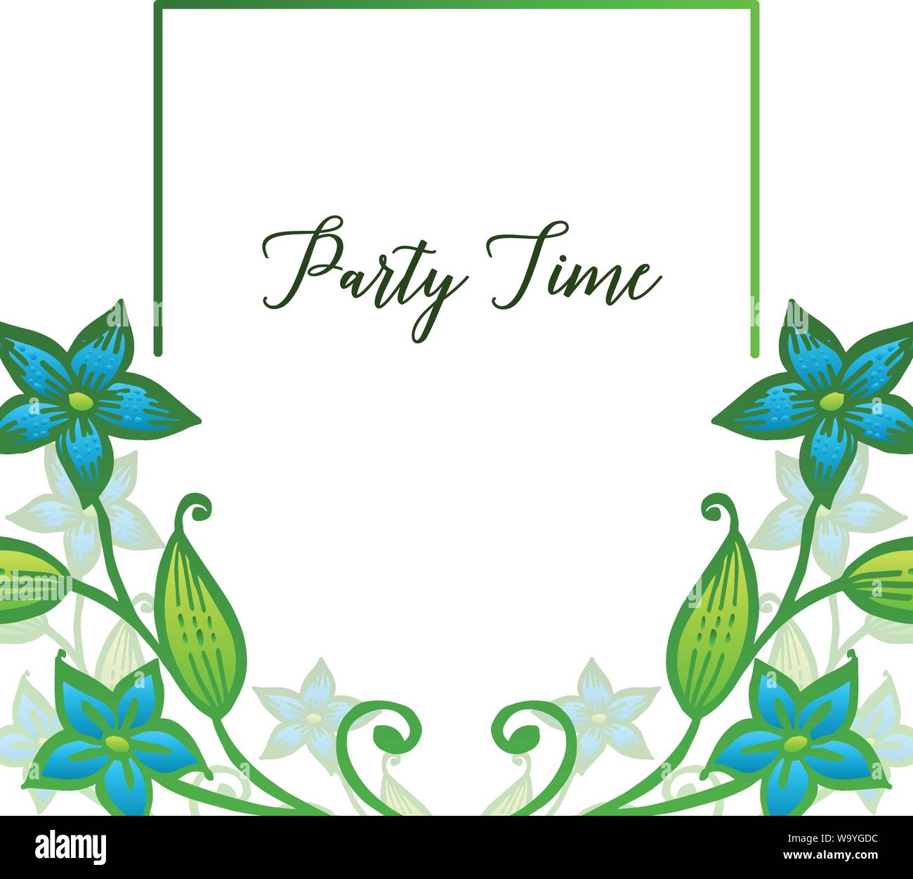Lettering of party time, motif for border of blue flower frame ...