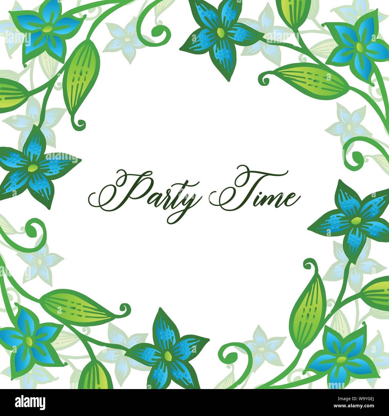 Lettering of party time, motif for border of blue flower frame ...
