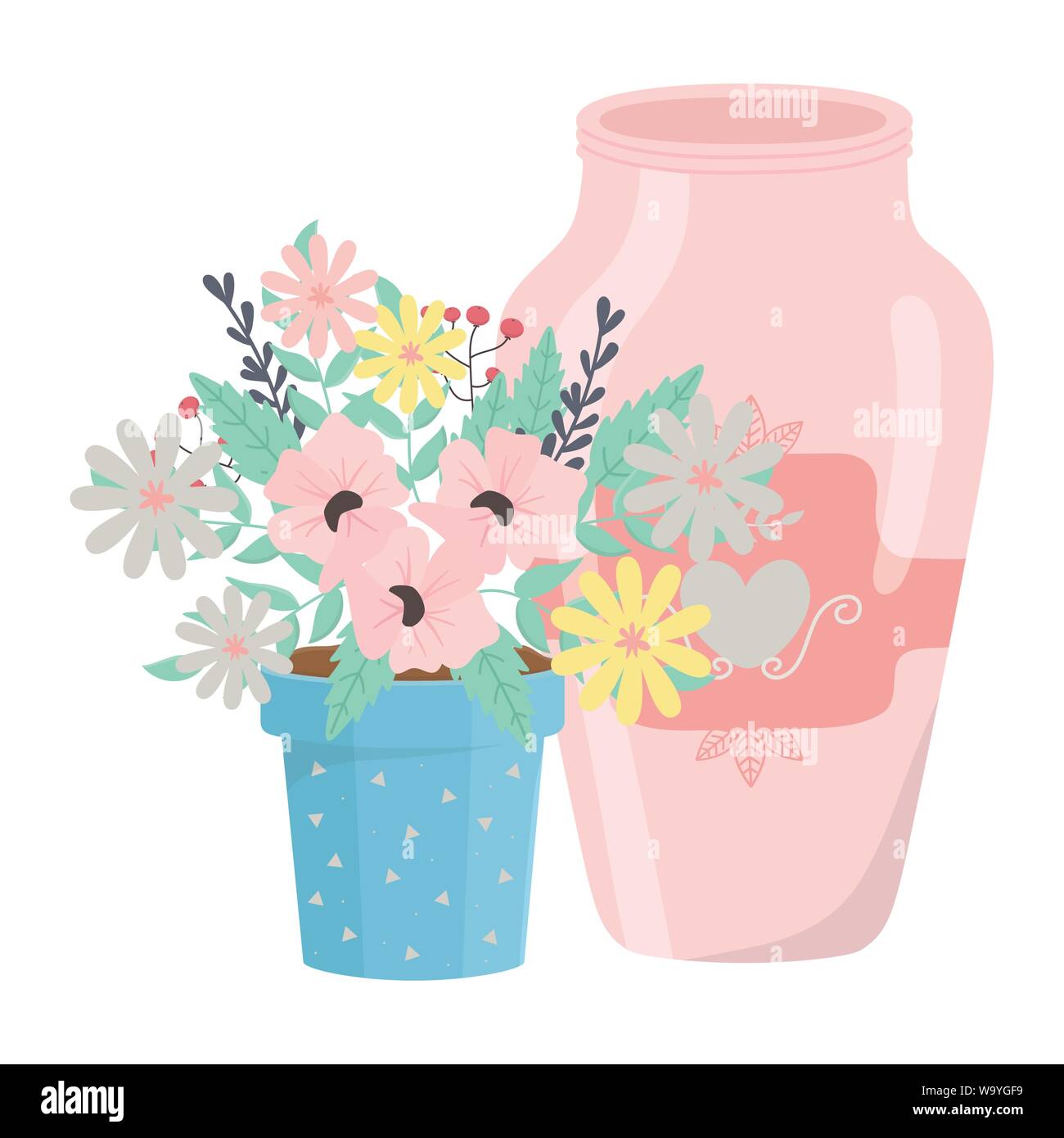 Flowers and leaves inside pot design, floral nature plant ornament ...