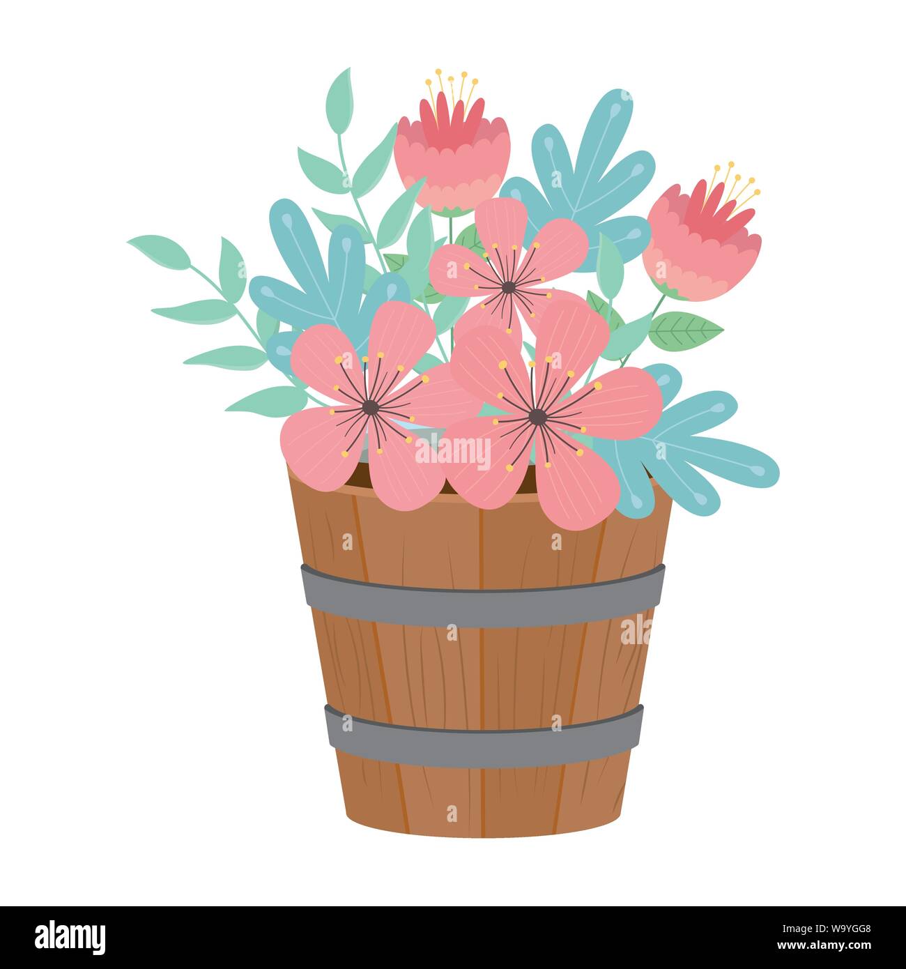 Flowers and leaves inside barrel design, floral nature plant ornament ...