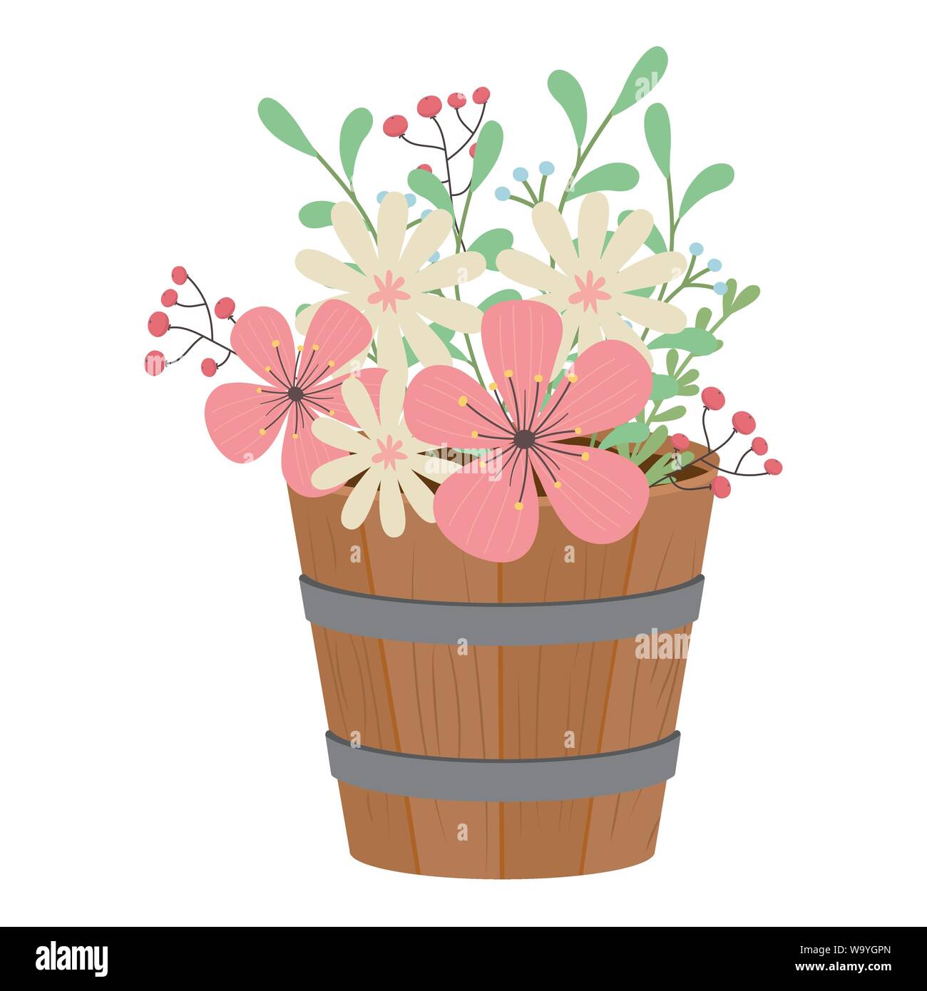 Flowers and leaves inside barrel design, floral nature plant ornament ...