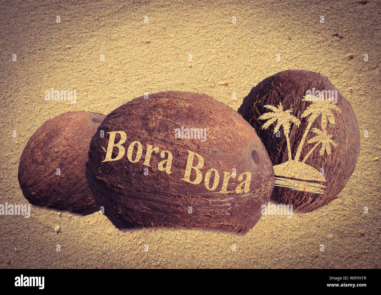 Coconuts with an engraving in the sand Stock Photo - Alamy