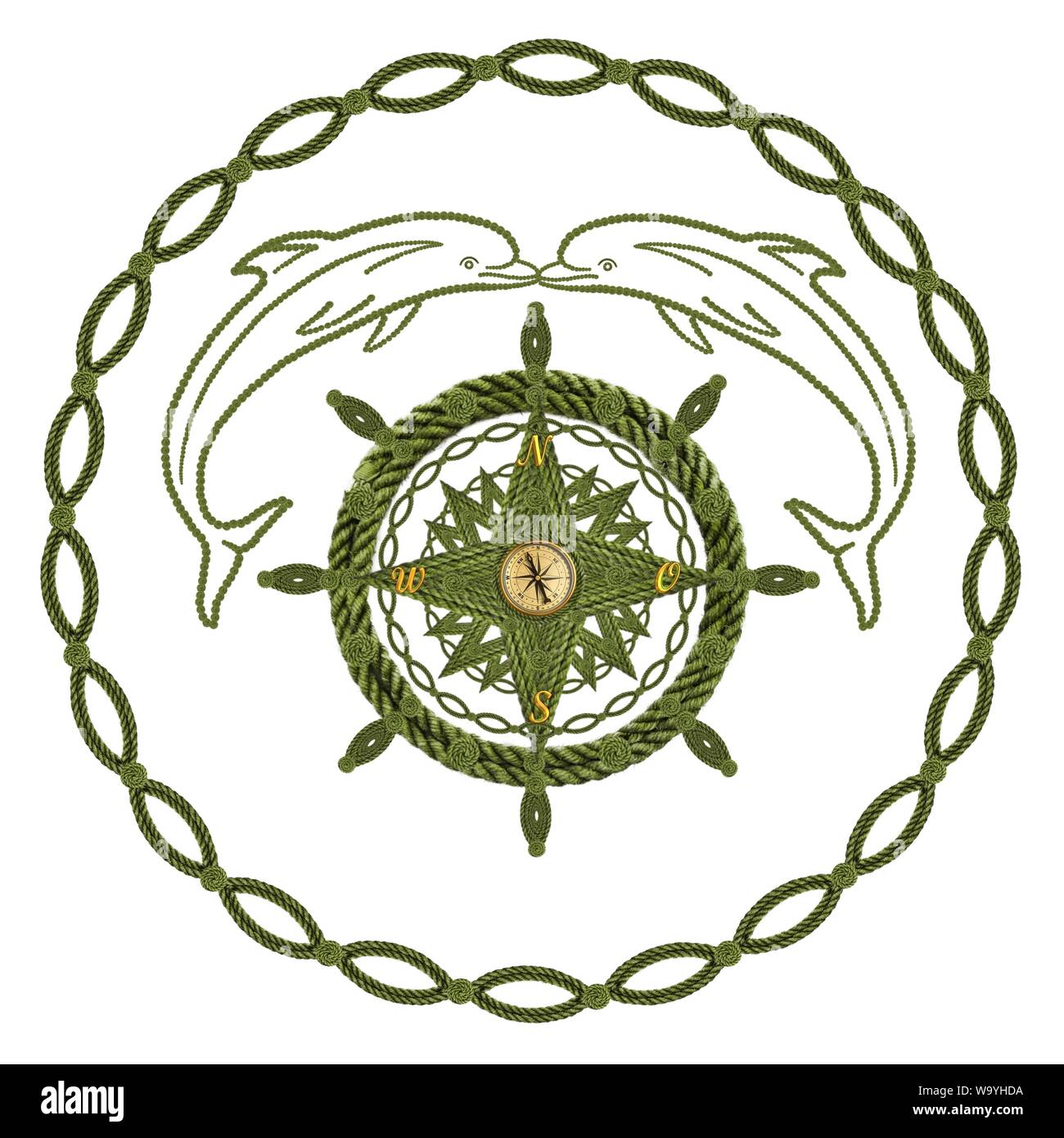 Dolphins lighthouse compass steering wheel and anchor made of ropes ...