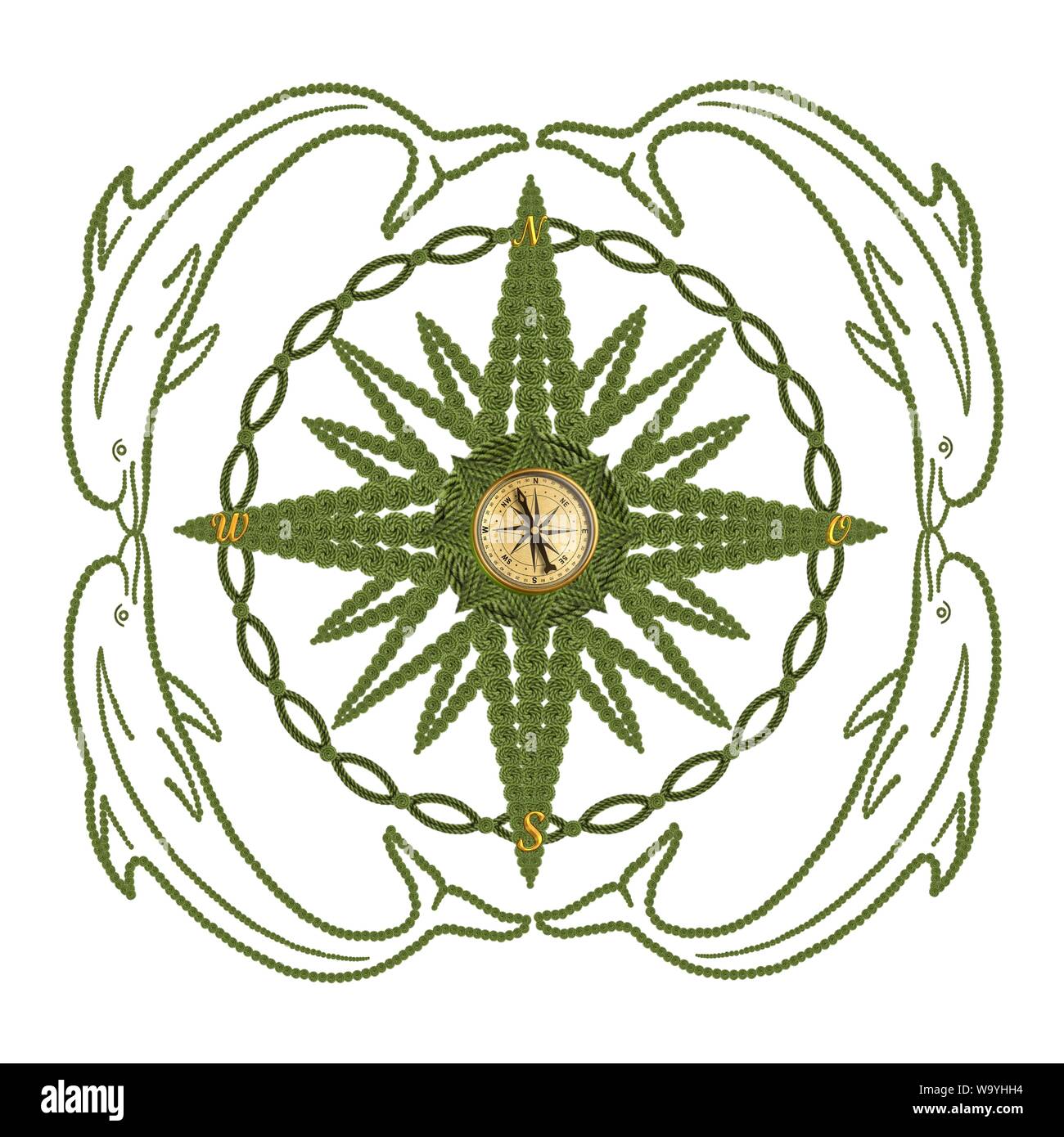 Dolphins lighthouse compass steering wheel and anchor made of ropes ...