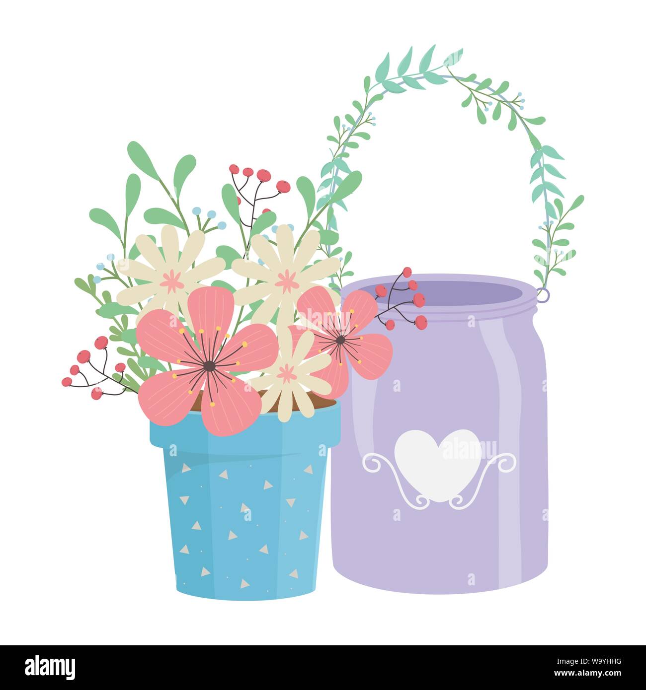 Flowers and leaves inside pots design, floral nature plant ornament ...