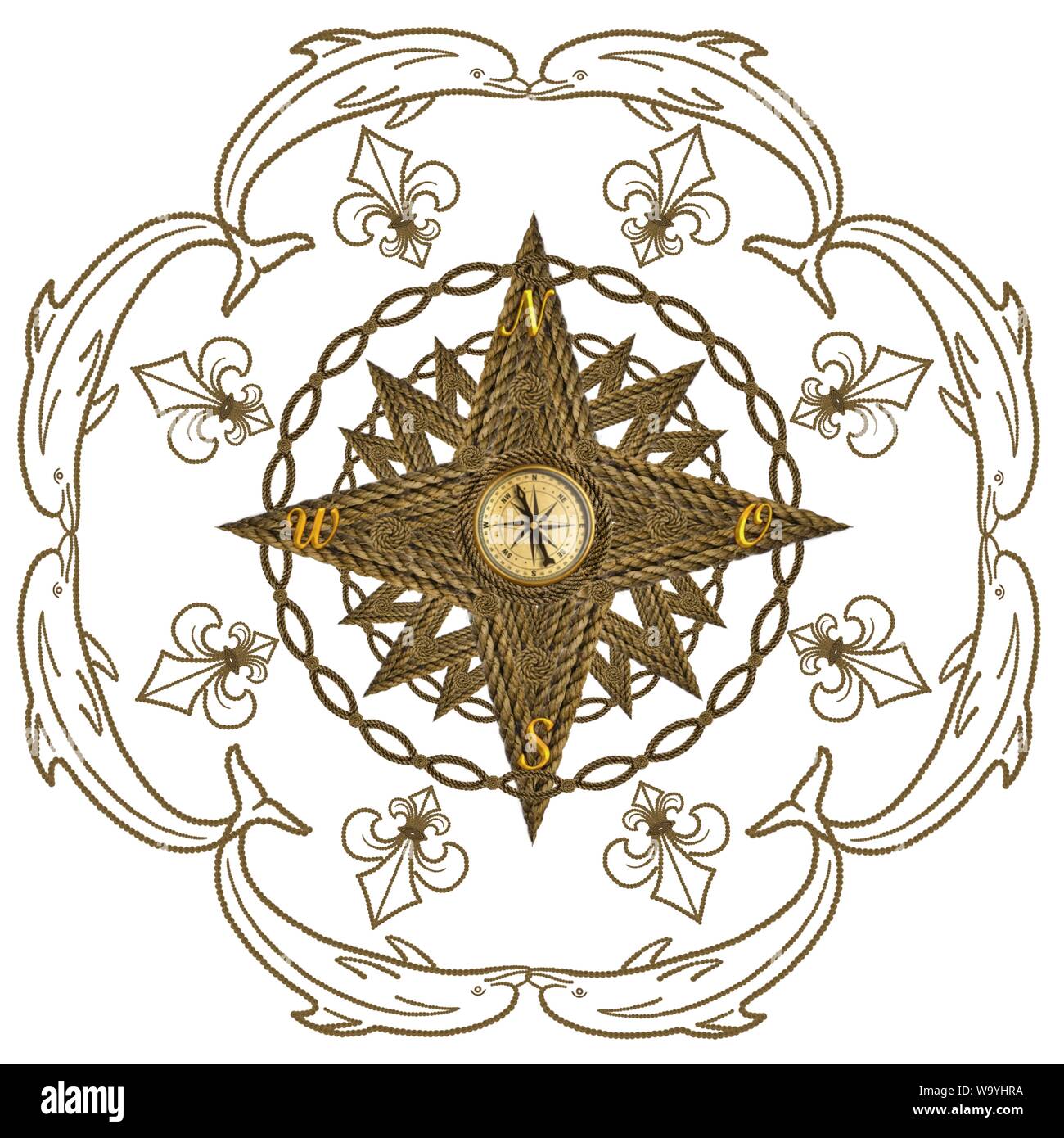 Dolphins lighthouse compass steering wheel and anchor made of ropes ...