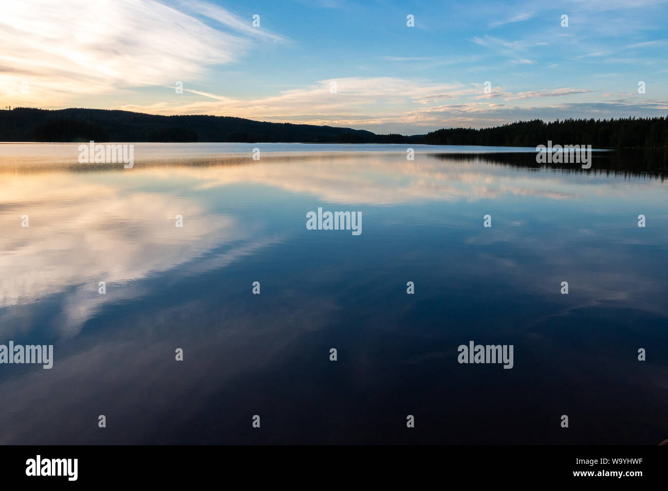Beautiful evening view at the blue hour over the Safssjon lake in the ...