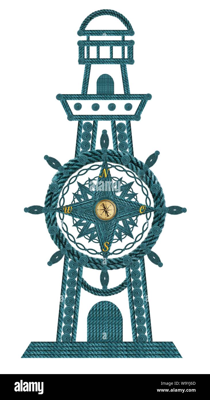 Compass steering wheel and lighthouse made of ropes Stock Photo - Alamy