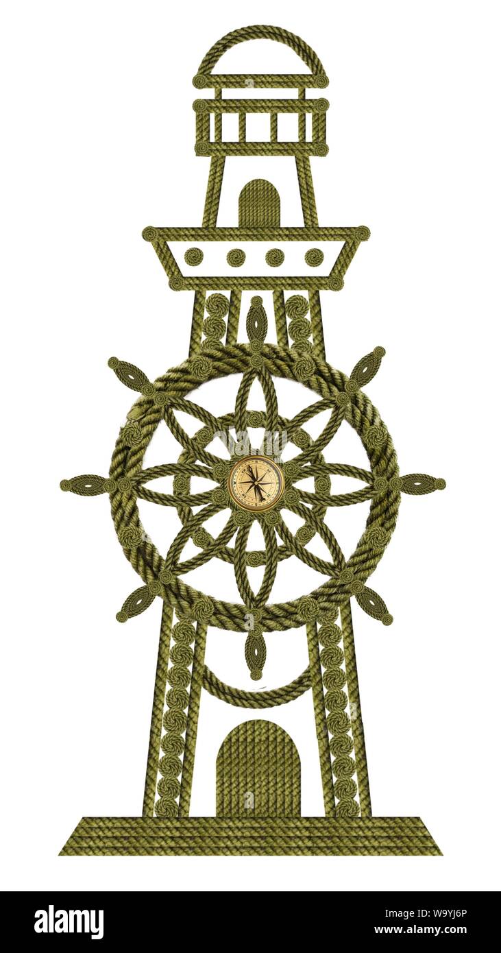 Compass steering wheel and lighthouse made of ropes Stock Photo - Alamy
