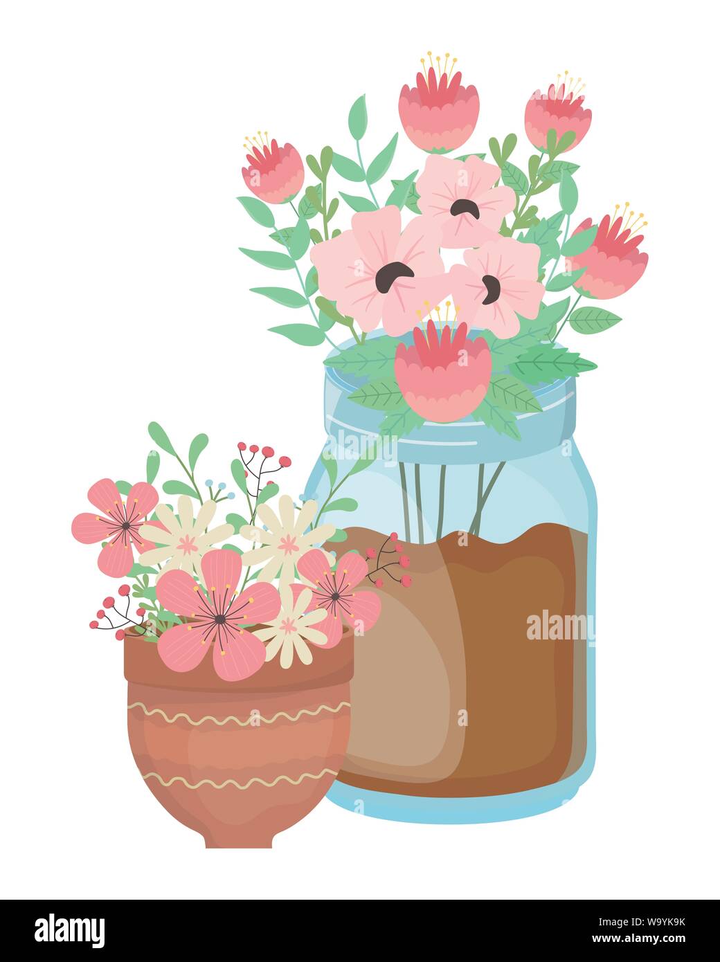 Flowers and leaves inside pots design, floral nature plant ornament ...