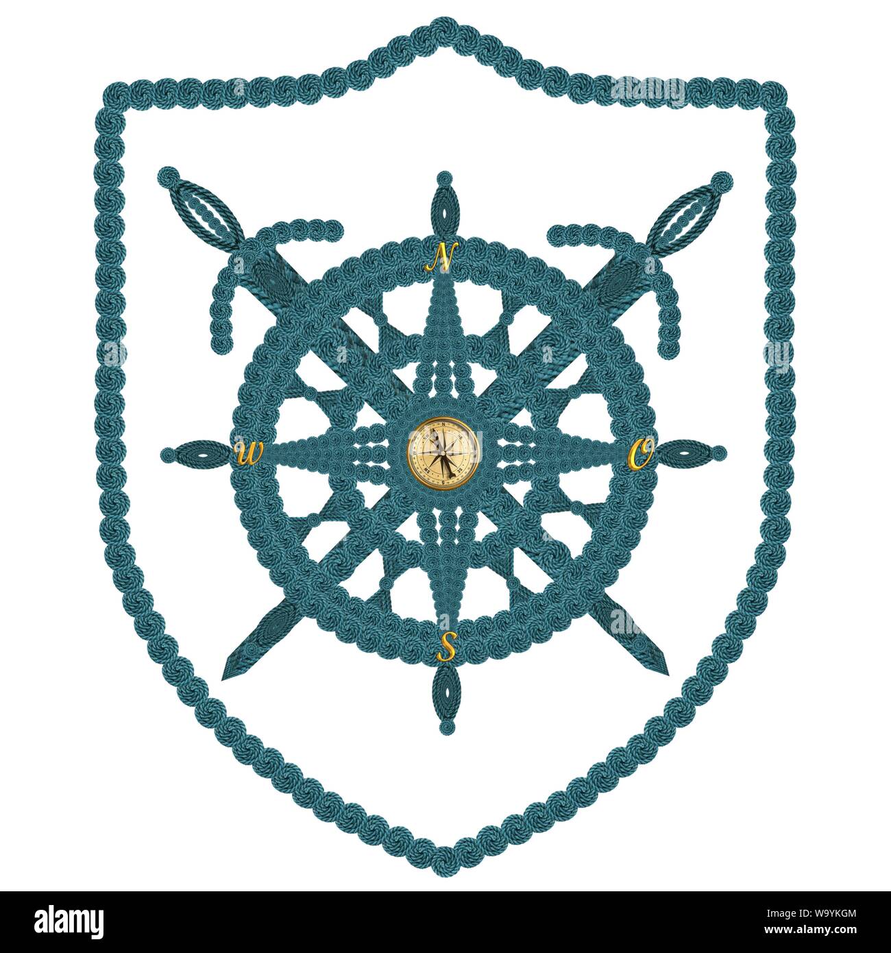 Compass steering wheel and sword aua old ropes Stock Photo - Alamy