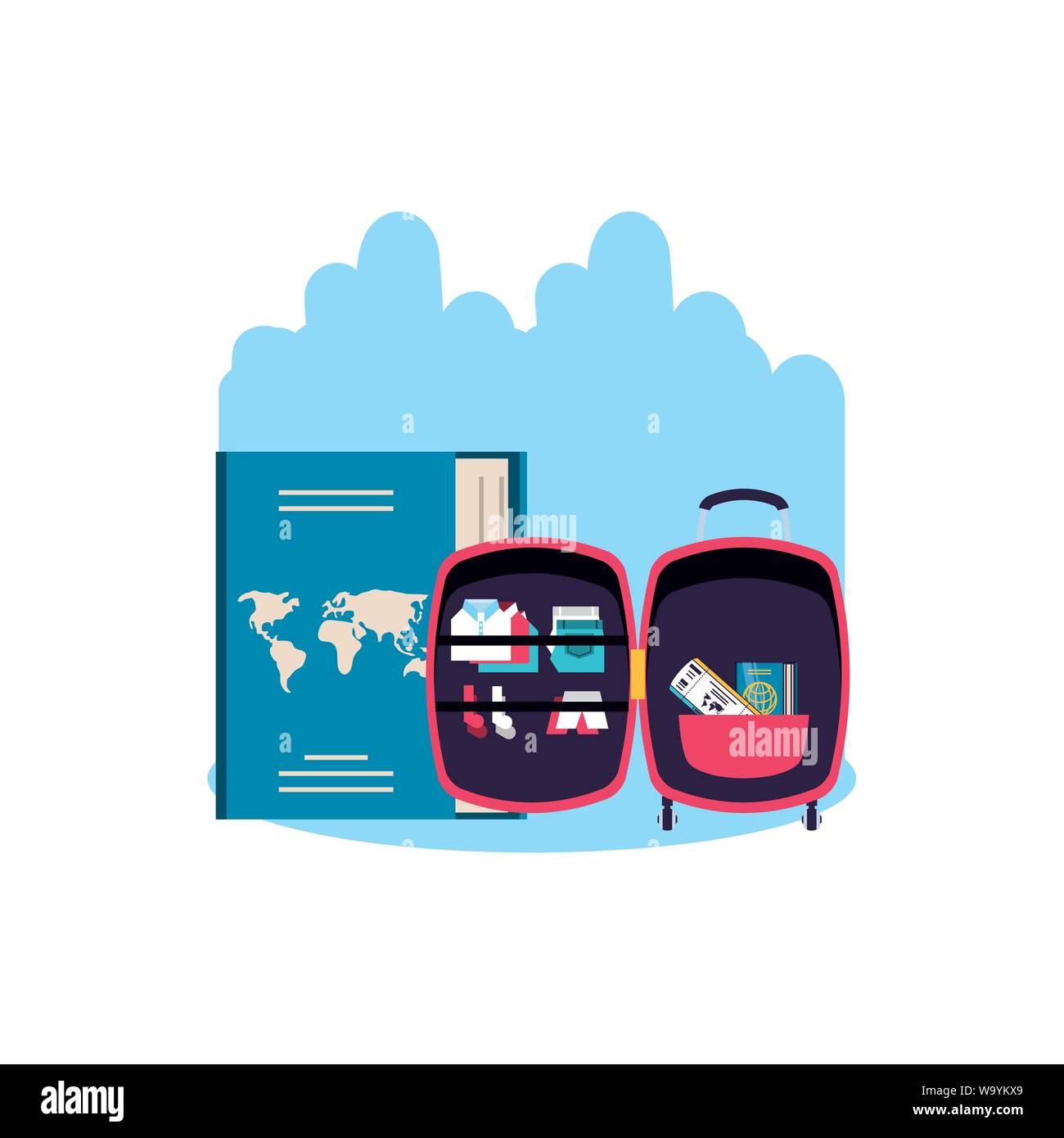 Travel Suitcase Equipment With Passport Vector Illustration Design