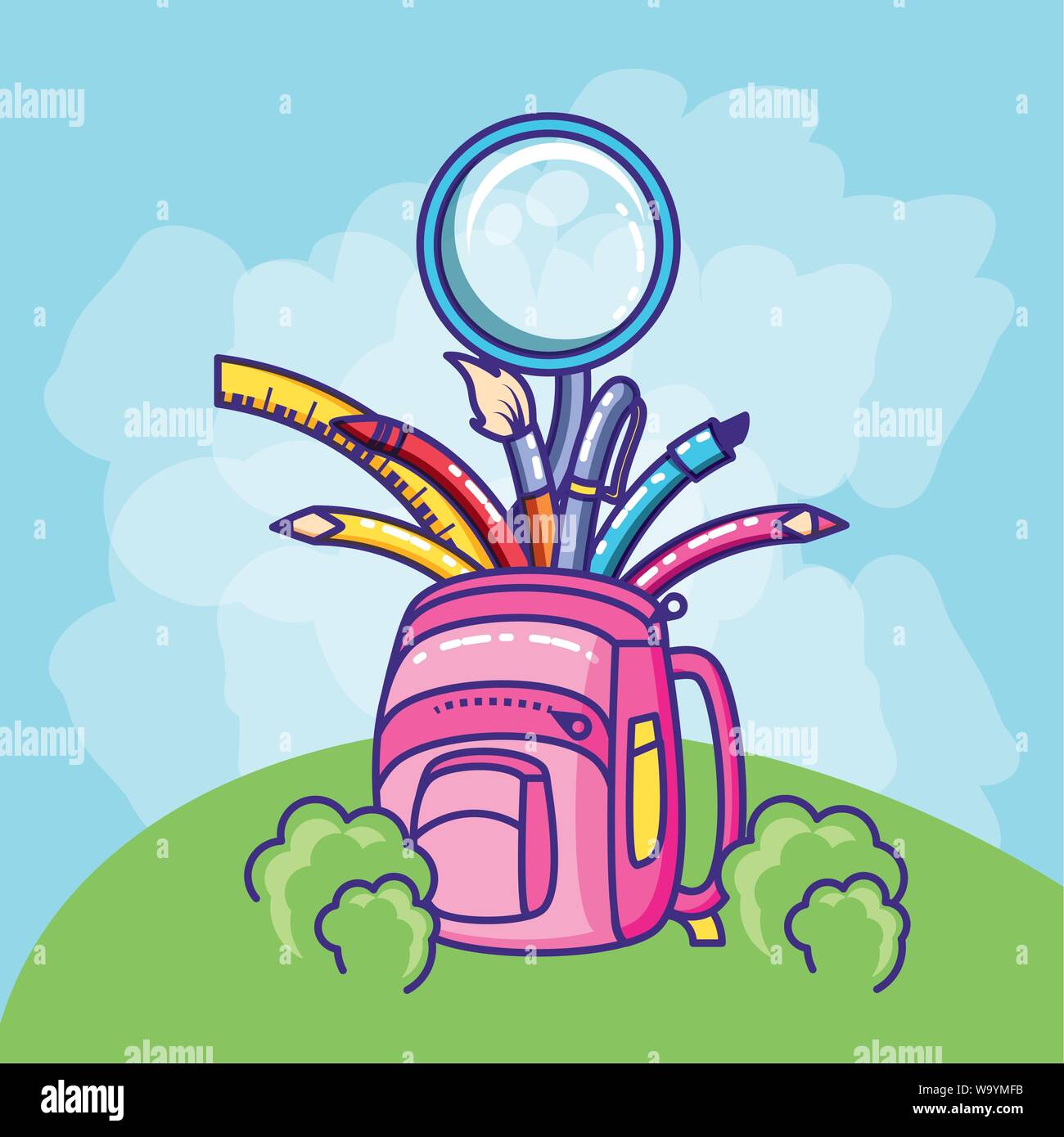schoolbag with magnifying glass and supplies education vector ...