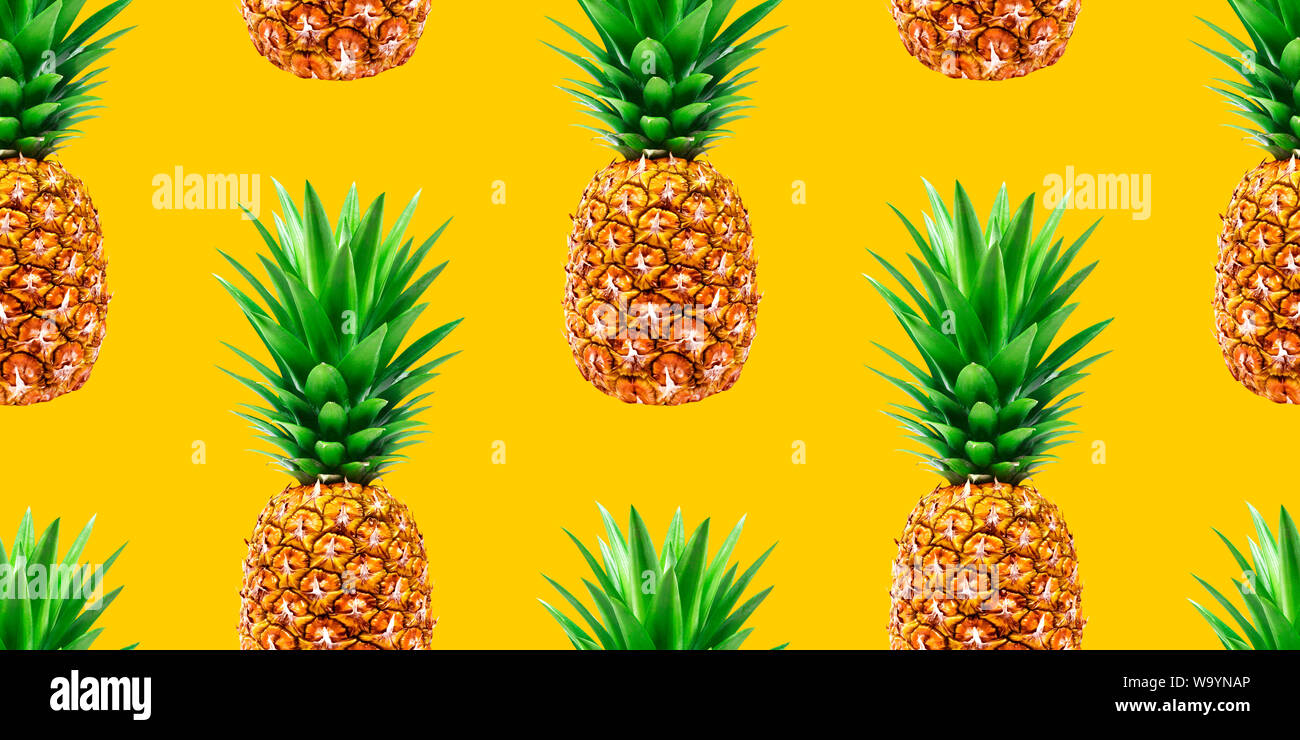 Pineapple, summer ananas seamless pattern on yellow background Stock ...
