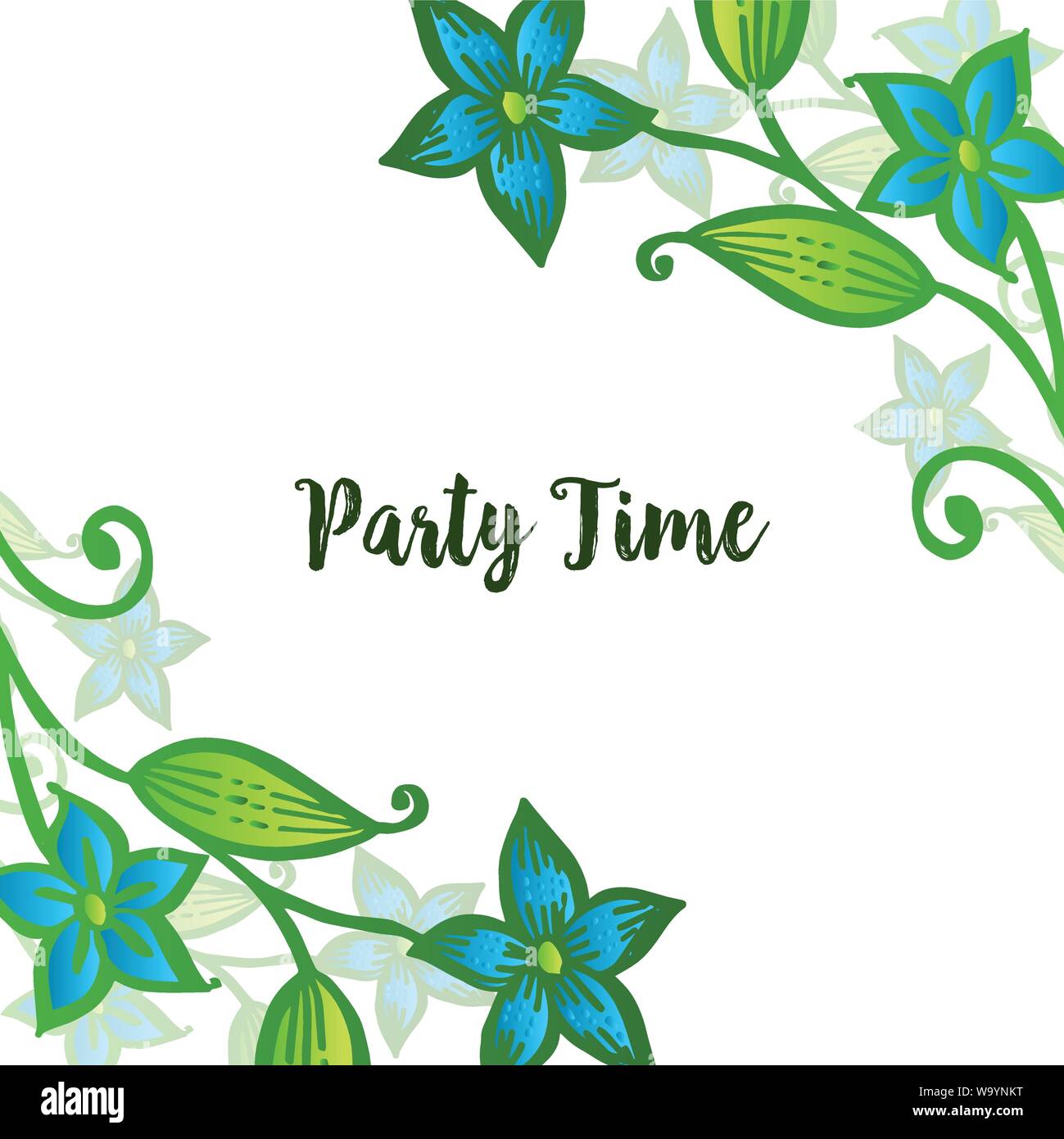 Lettering of party time, motif for border of blue flower frame ...