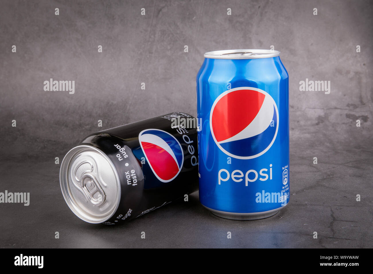 Black and Blue Pepsi can on dark background. Pepsi is a carbonated soft ...