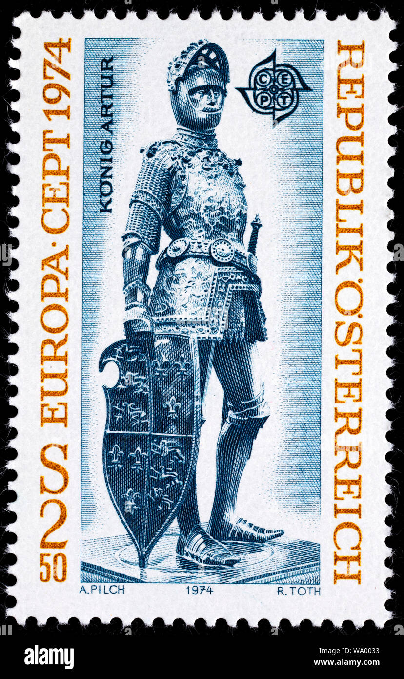 Statue of King Arthur by Durer, Hofkirche, Innsbruck, postage stamp ...
