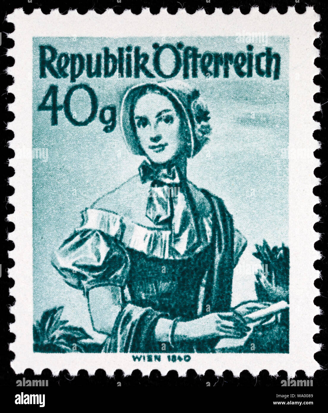 Woman in traditional costume, Vienna, postage stamp, Austria Stock ...