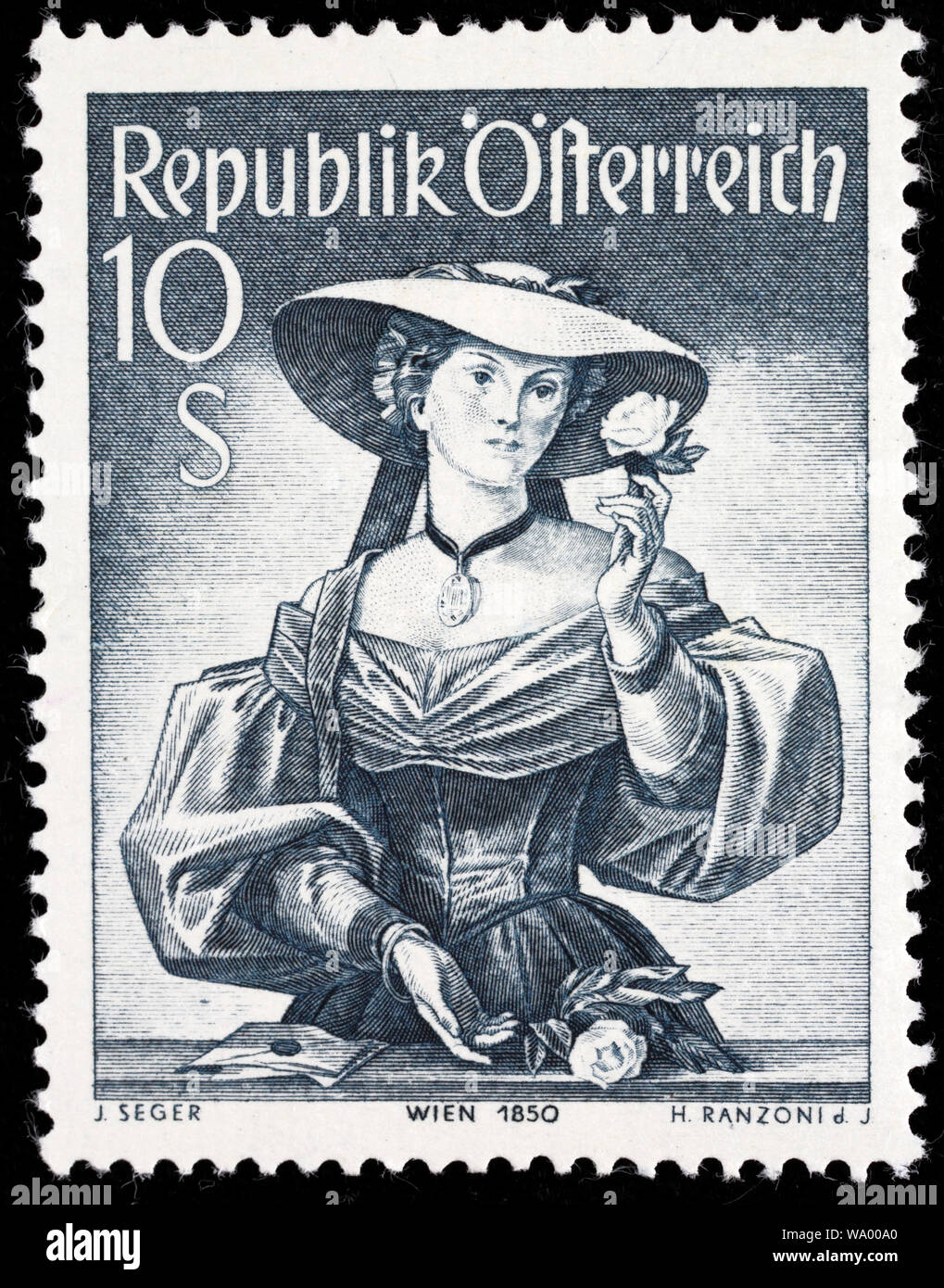 Woman in traditional costume, Vienna, 1850, postage stamp, Austria ...