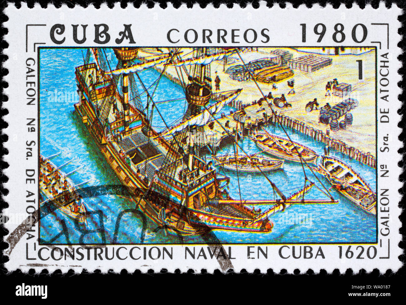 Ship construction in Cuba, 1620, postage stamp, Cuba, 1980 Stock Photo ...
