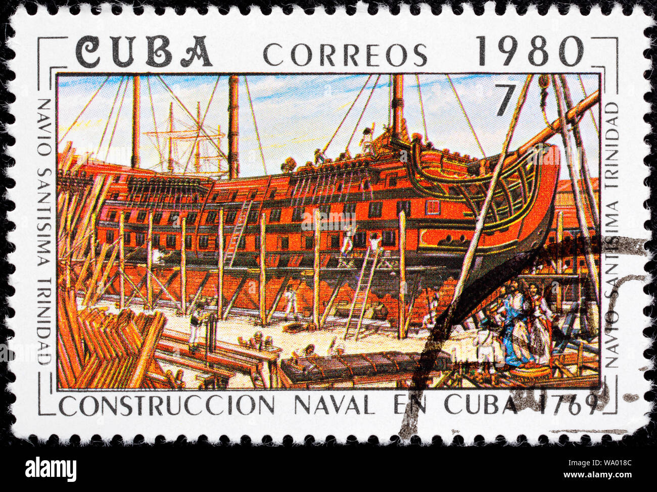 Ship construction in Cuba, 1769, postage stamp, Cuba, 1980 Stock Photo ...