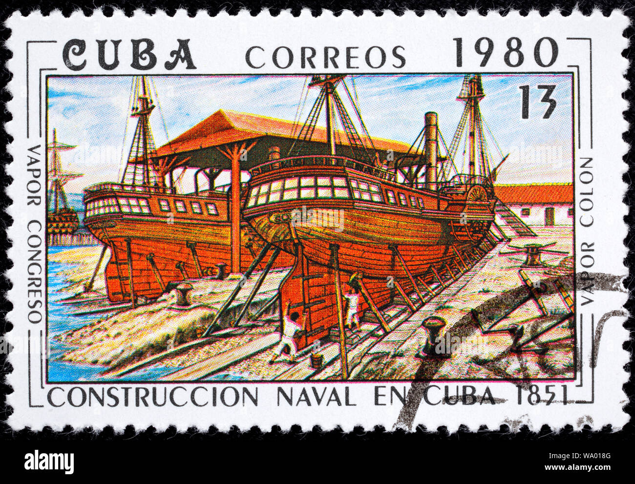 Ship construction in Cuba, 1851, postage stamp, Cuba, 1980 Stock Photo ...