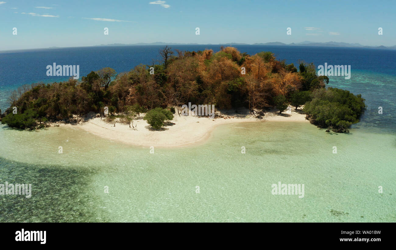 aerial view tropical island with sand white beach, clear and blue water ...