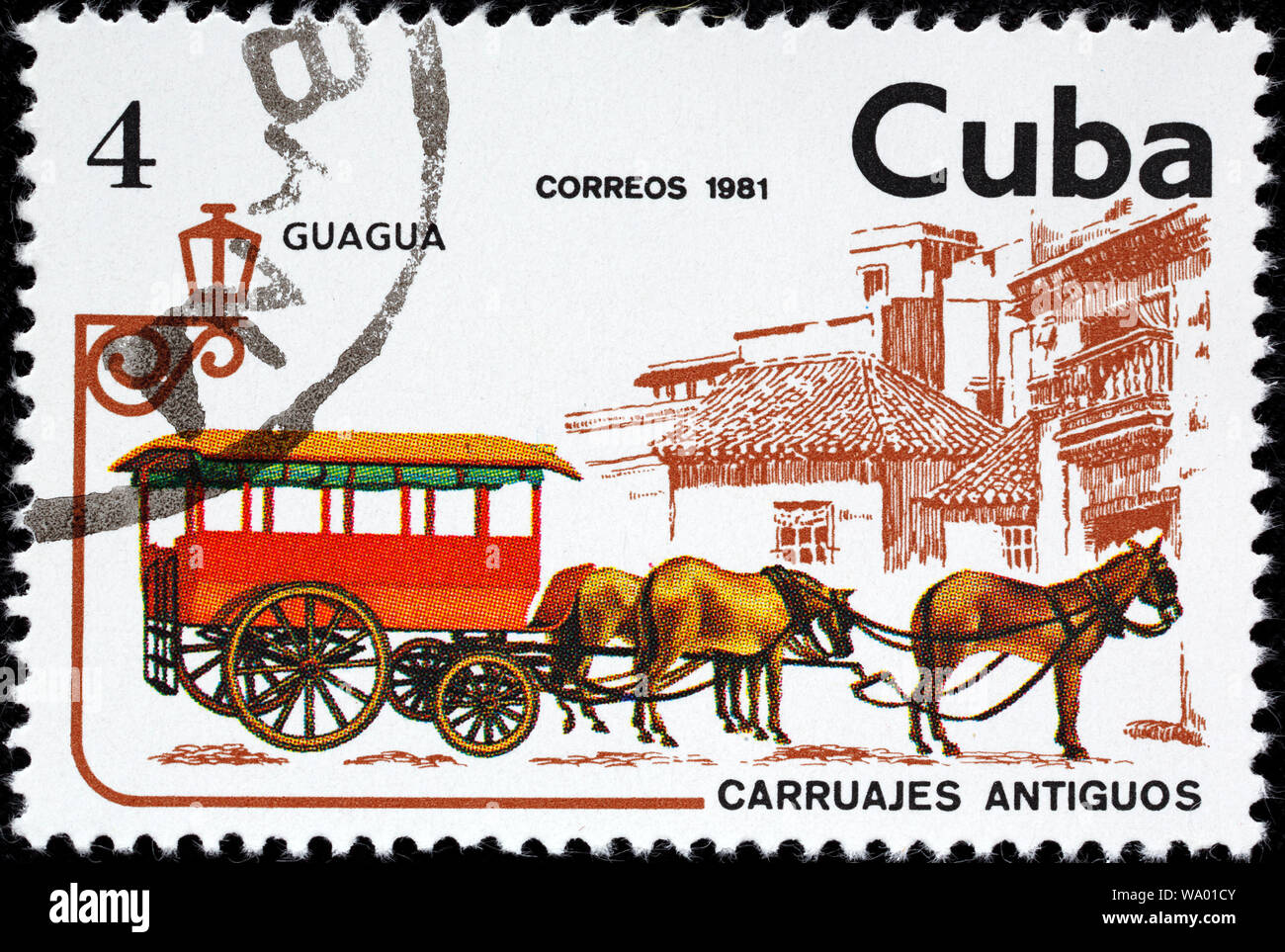 Horse bus, old carriage, postage stamp, Cuba, 1981 Stock Photo - Alamy