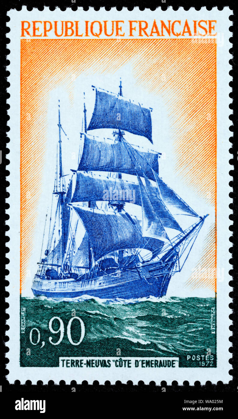 Newfoundland sailing ship Cote d'Emeraude, postage stamp, France, 1972 ...