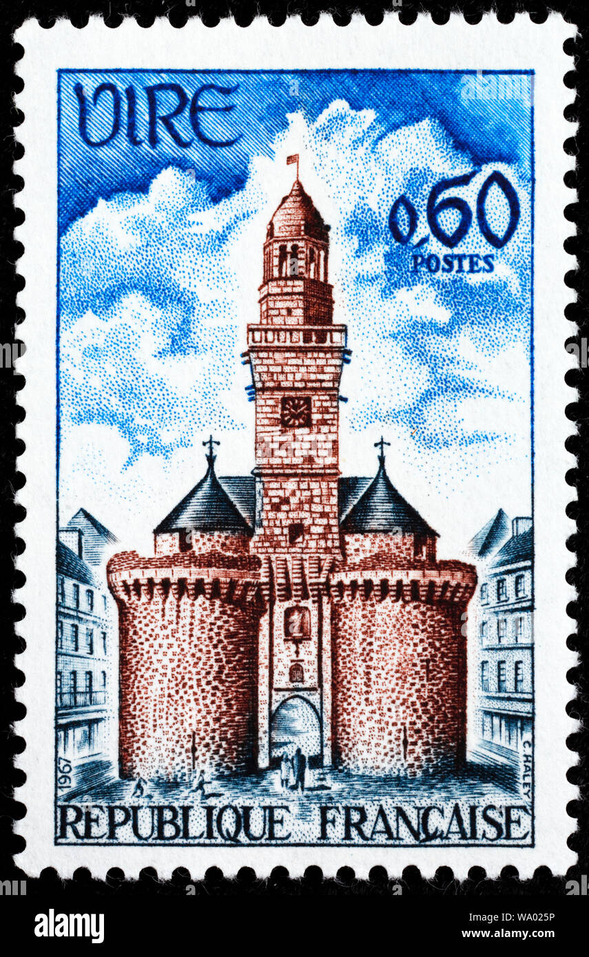 Gate and Clock Tower, Vire, Calvados, Normandy, postage stamp, France ...