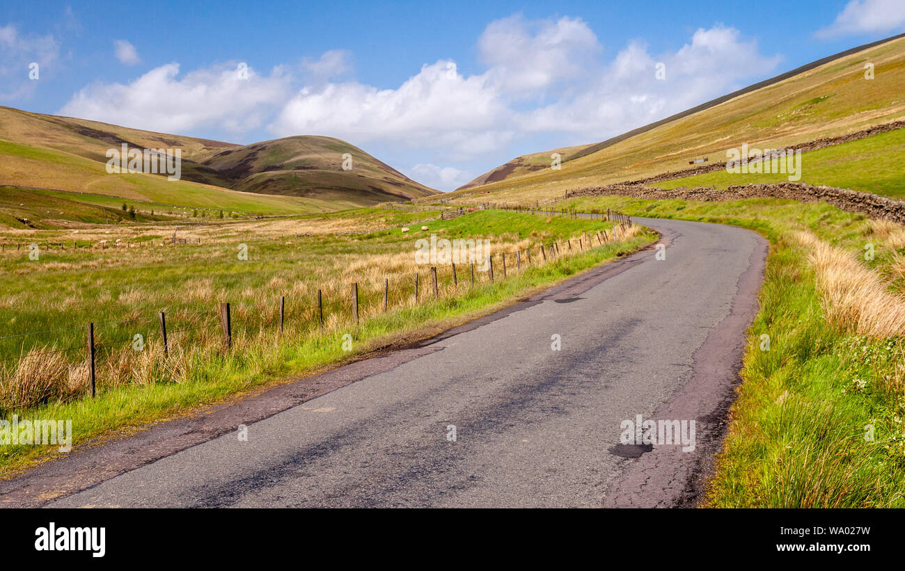 A country lane winds through pasture fields in the Moorfoot Hills in ...