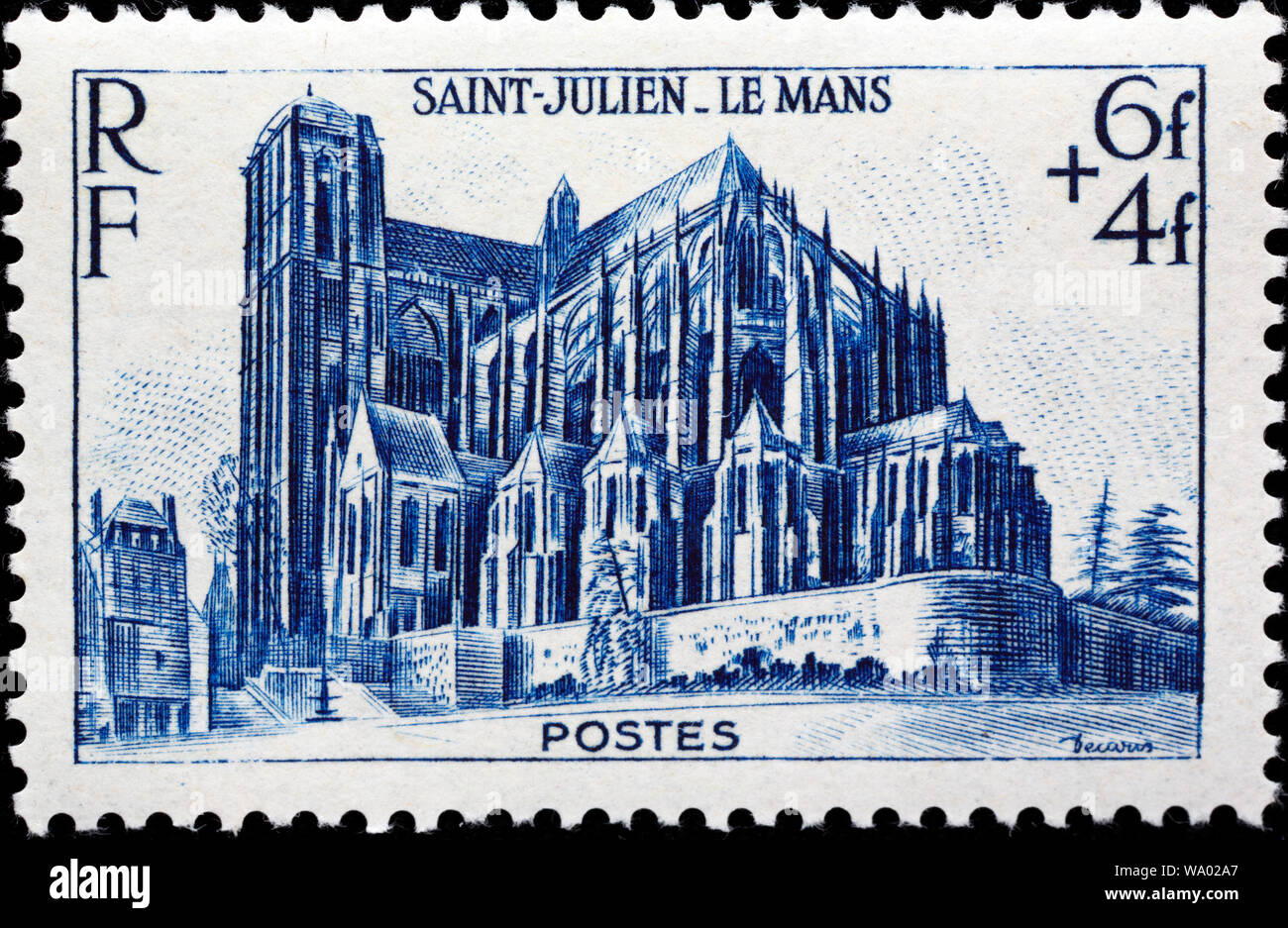 Cathedral of St. Julien, Le Mans, postage stamp, France, 1947 Stock ...