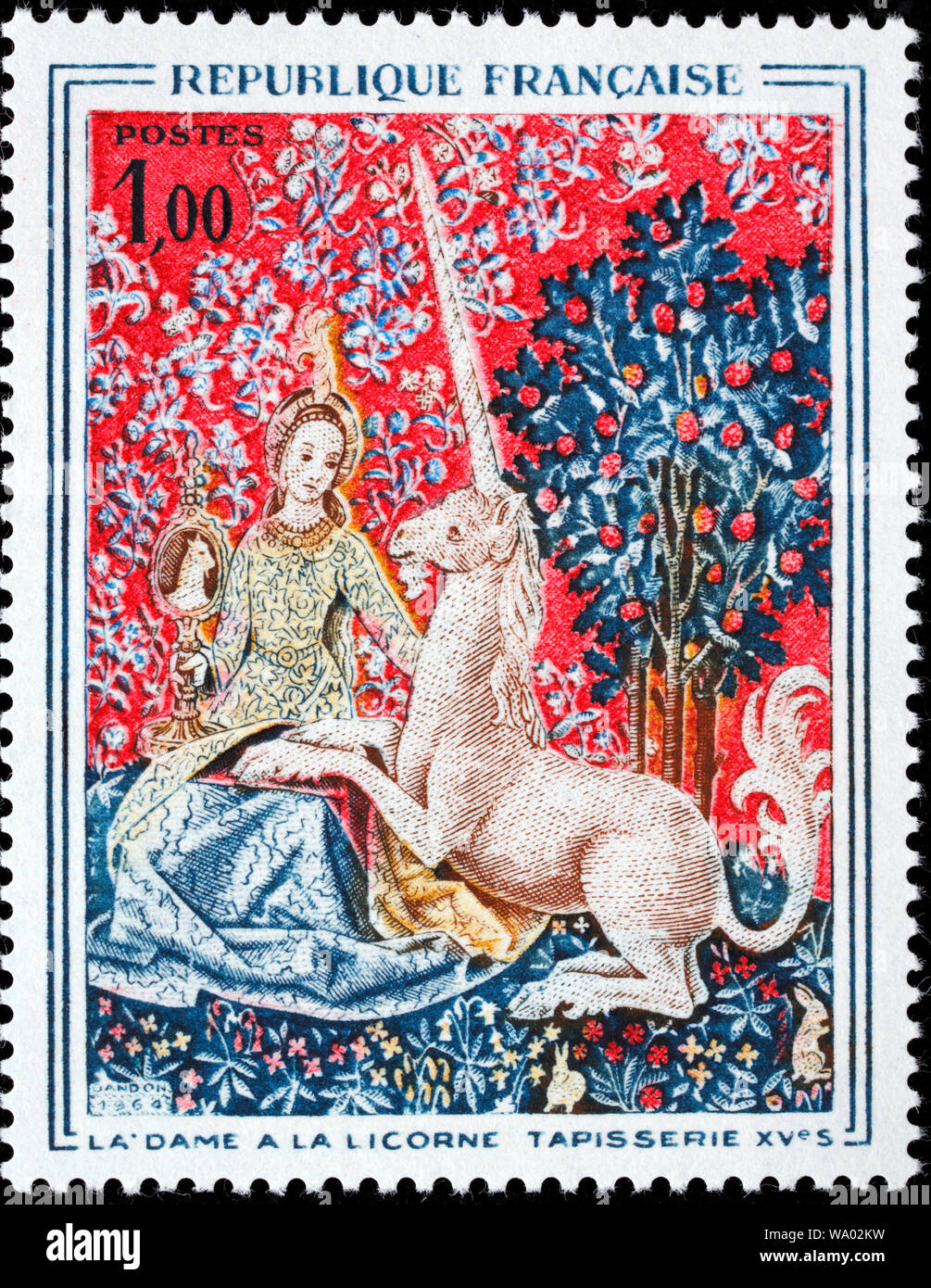 Tapestry, Lady and the Unicorn, postage stamp, France, 1964 Stock Photo ...