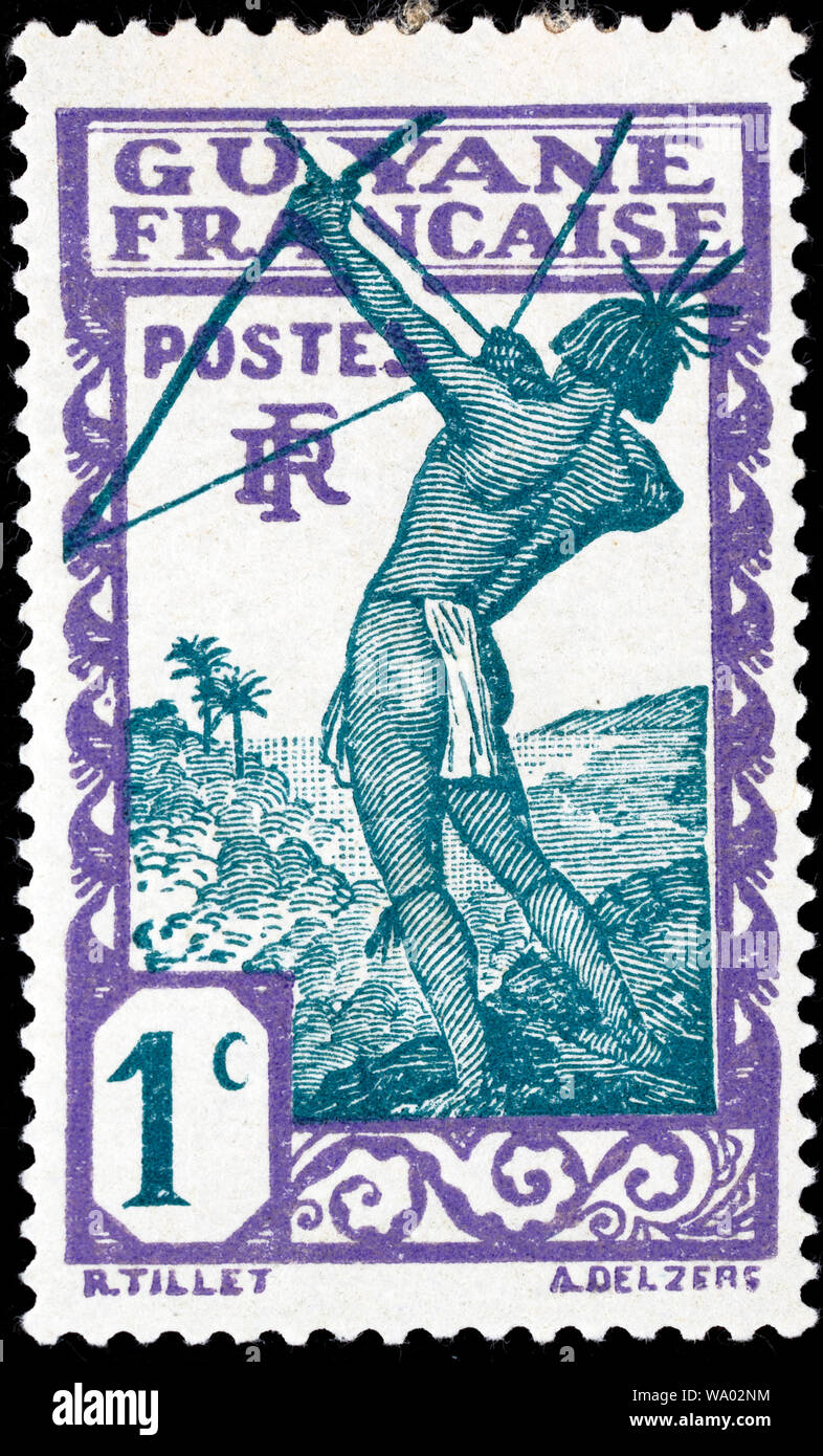 Native firing arch, Archery, postage stamp, French Gyana, 1929 Stock ...