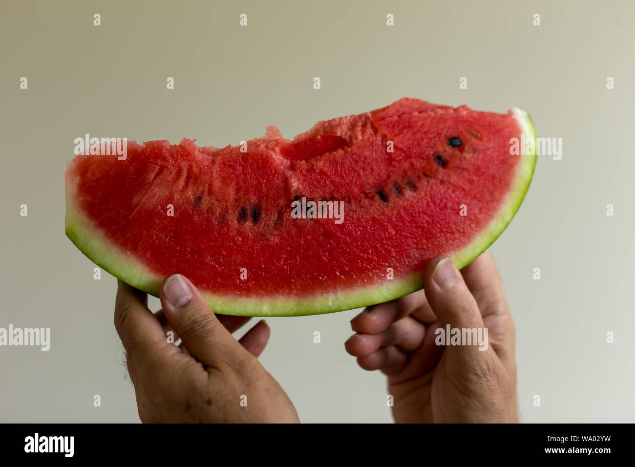 summer fruit watermelon, male hands holding a slice of watermelon Stock ...