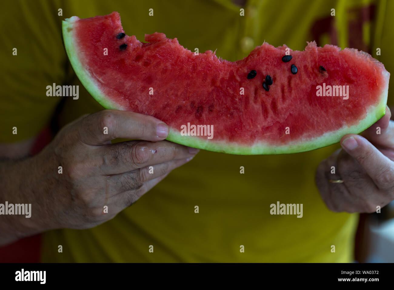 summer fruit watermelon, male hands holding a slice of watermelon Stock ...