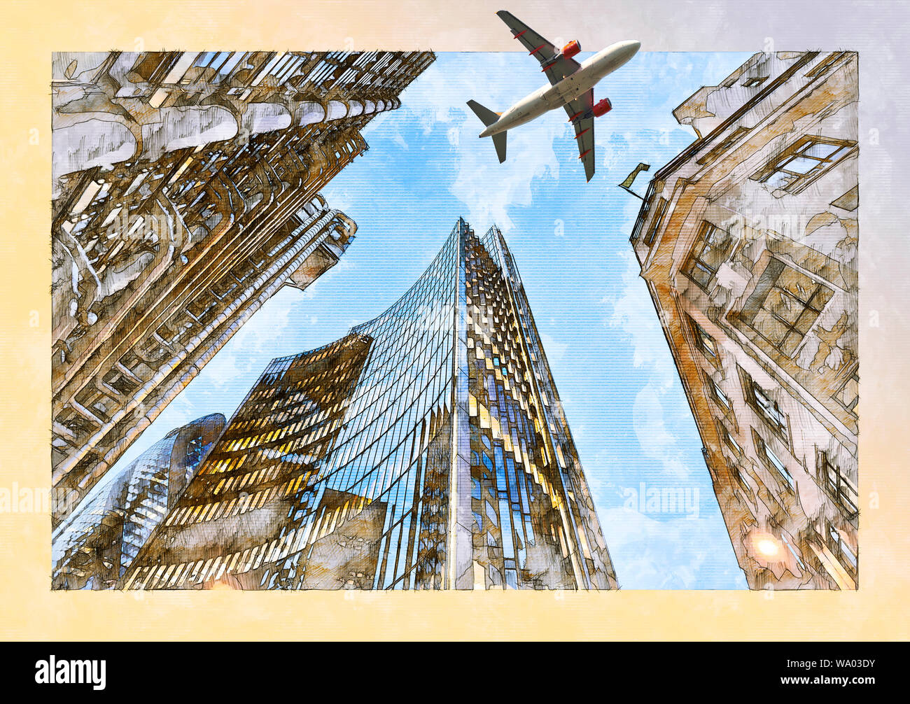 Illustration sketch of A jet plane flying low over Three different kind ...